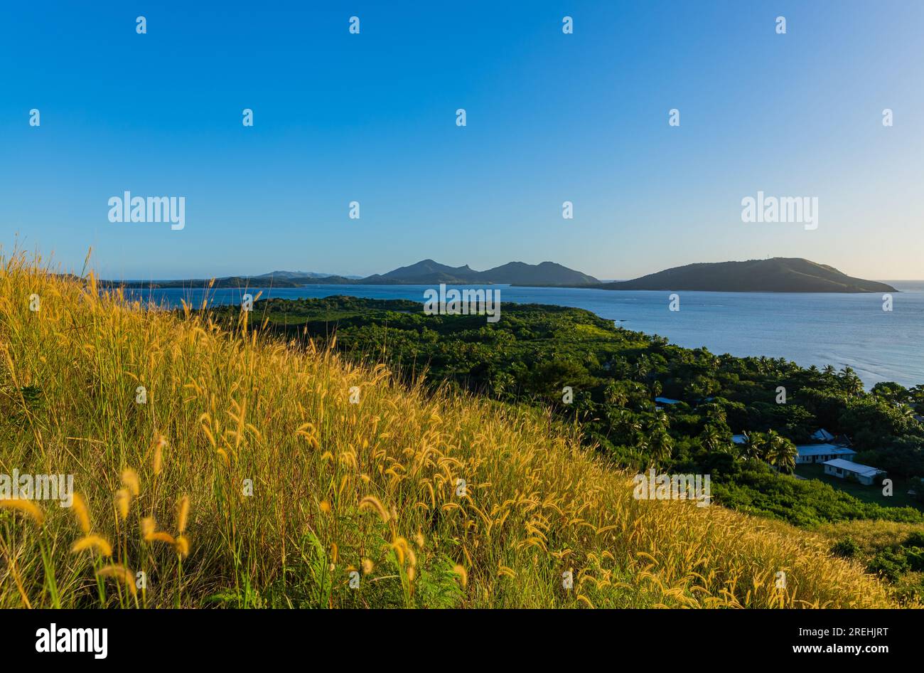 Top view of Nacula island at sunset, Yasawa island group, Fiji, South ...