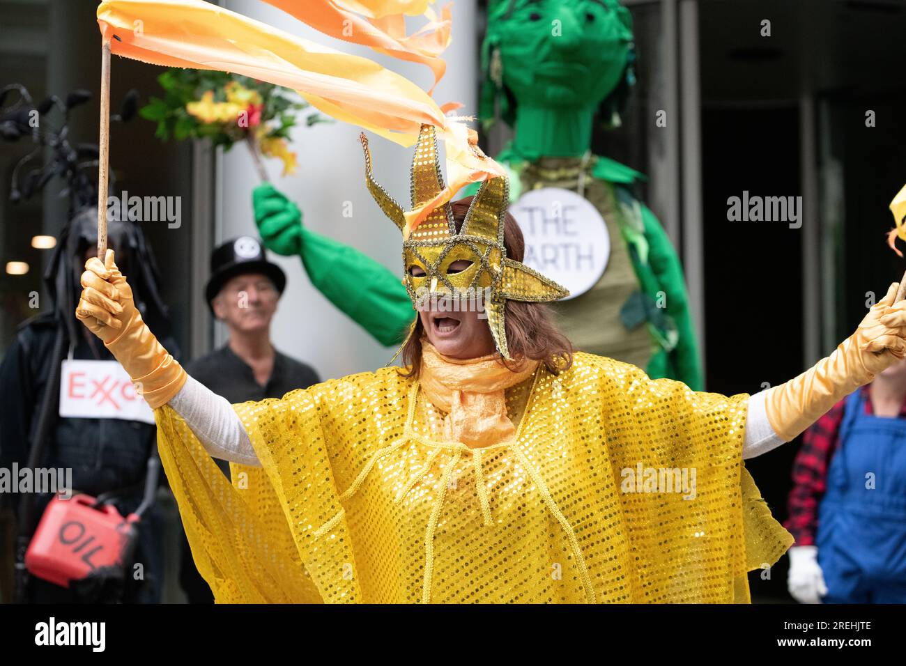 London, UK. 28 July, 2023. A climate activist representing solar power ...