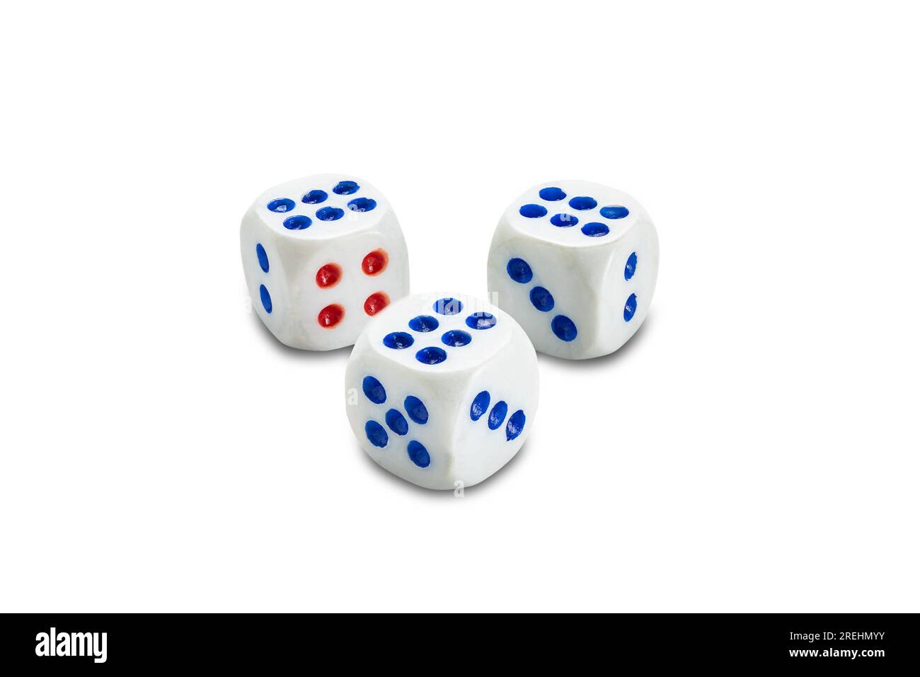 High angle view of three dice isolated on white background with ...