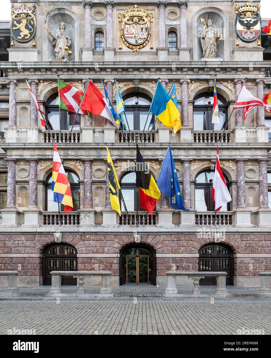 Antwerp, Belgium - June 30, 2023 - European national flags at the ...