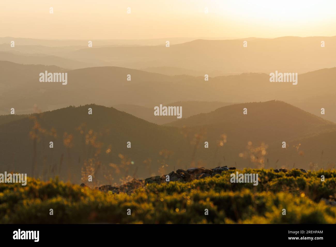 Mountain range at sunset. Natural parkland Jeseniky in Czechia ...