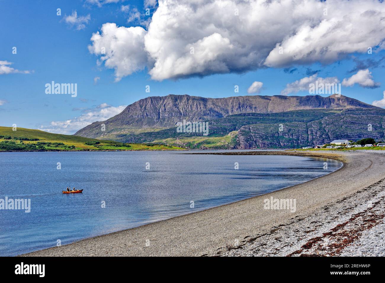 Ardmair Bay and Loch Canaird. Scotland blue sky in summer an orange ...