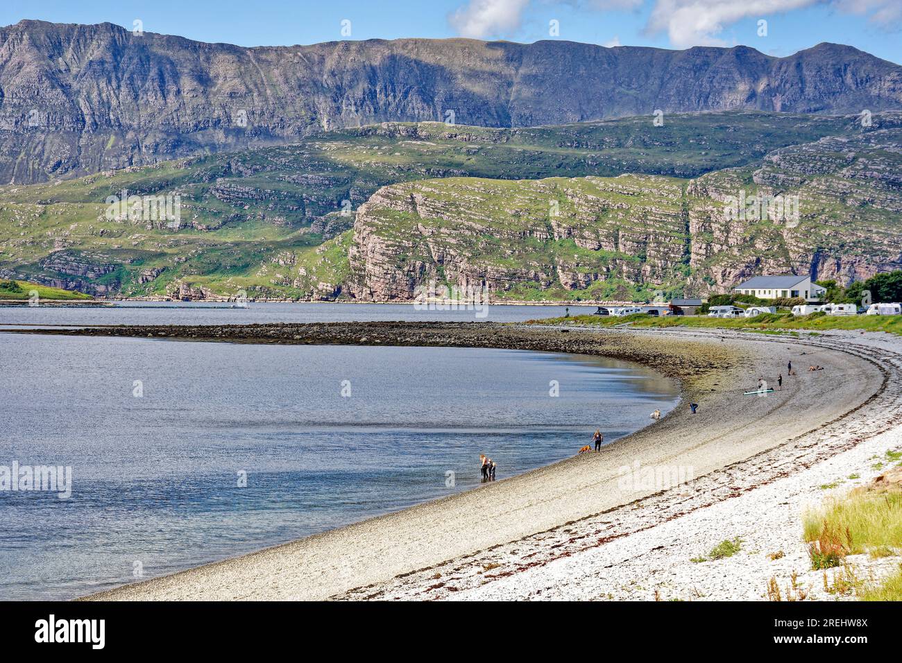 Ardmair Bay and Loch Kanaird. Scotland blue sky in summer people on the ...