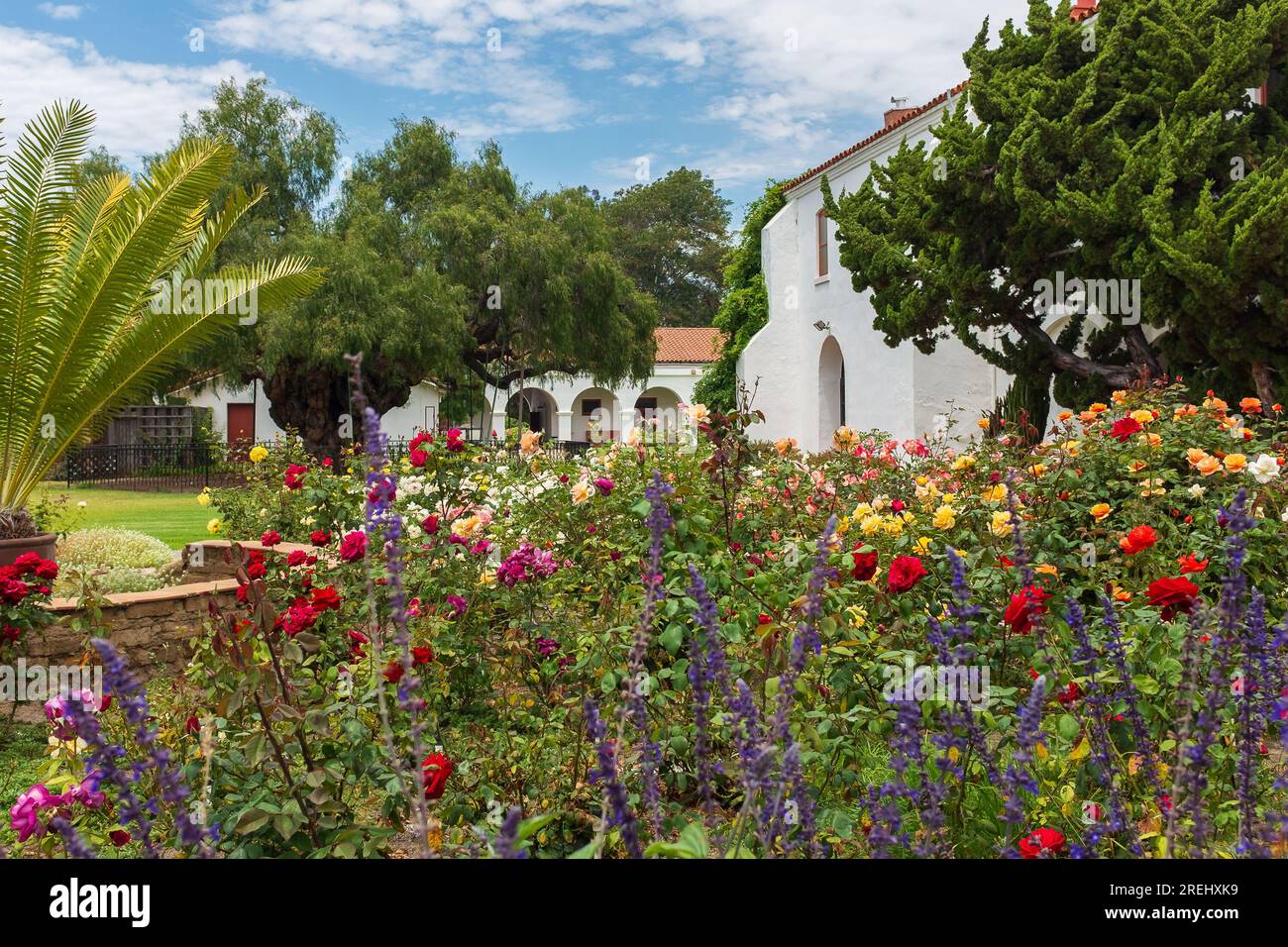Oceanside, California, 2016. The colourful garden of Mission San Luis ...