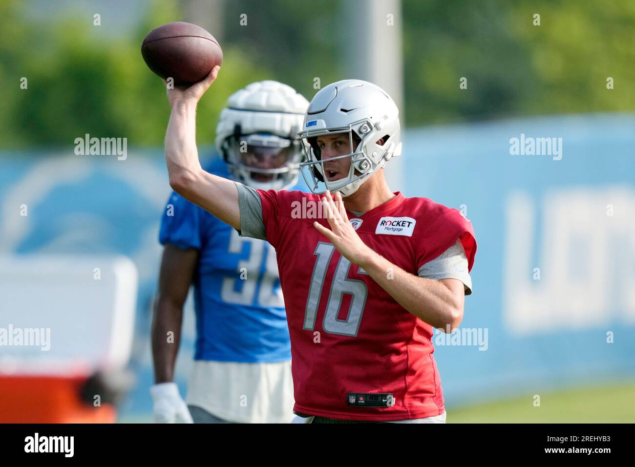 Detroit Lions quarterback Jared Goff throws during a drill at an NFL ...