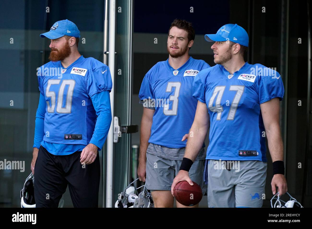 Detroit Lions safety Jake McQuaide, (50), punter Jack Fox (3) and ...