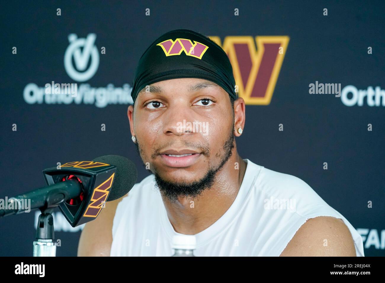 Washington Commanders safety Darrick Forrest speaks with reporters ...