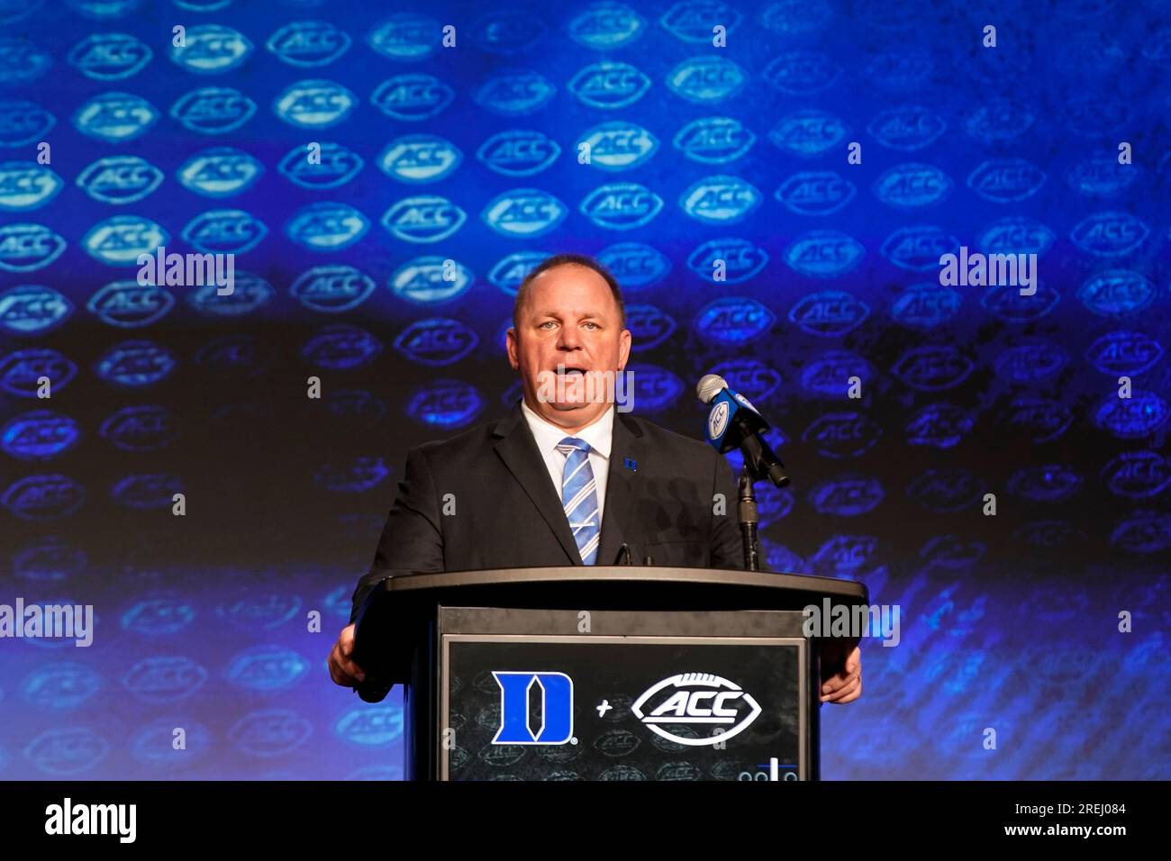 Duke head football coach Mike Elko speaks during the Atlantic Coast ...