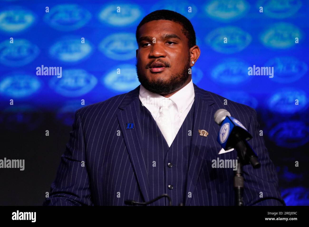Duke offensive lineman Jacob Monk speaks during the Atlantic Coast ...