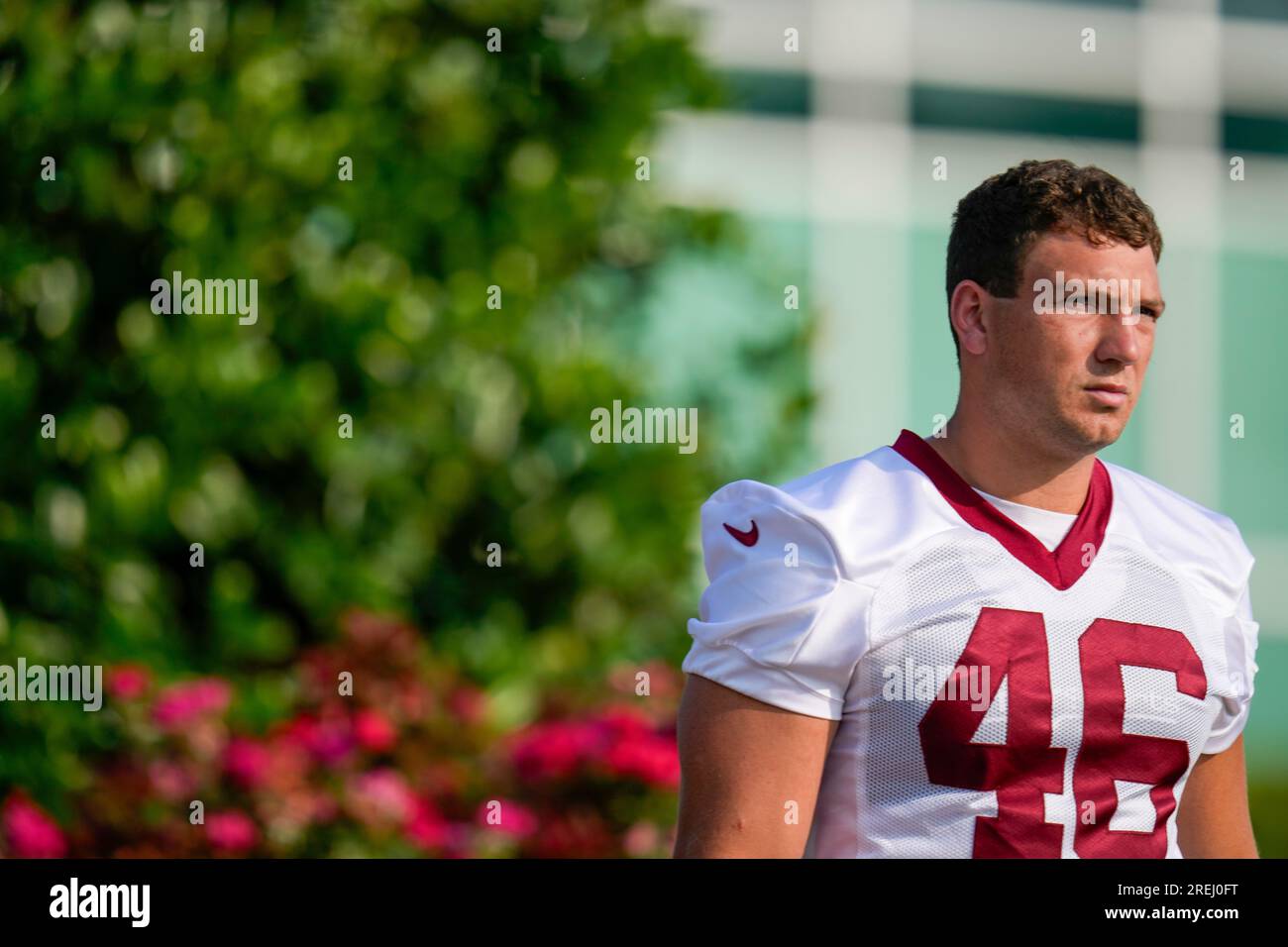 Washington Commanders tight end Brandon Dillon (46) arrives for a NFL ...