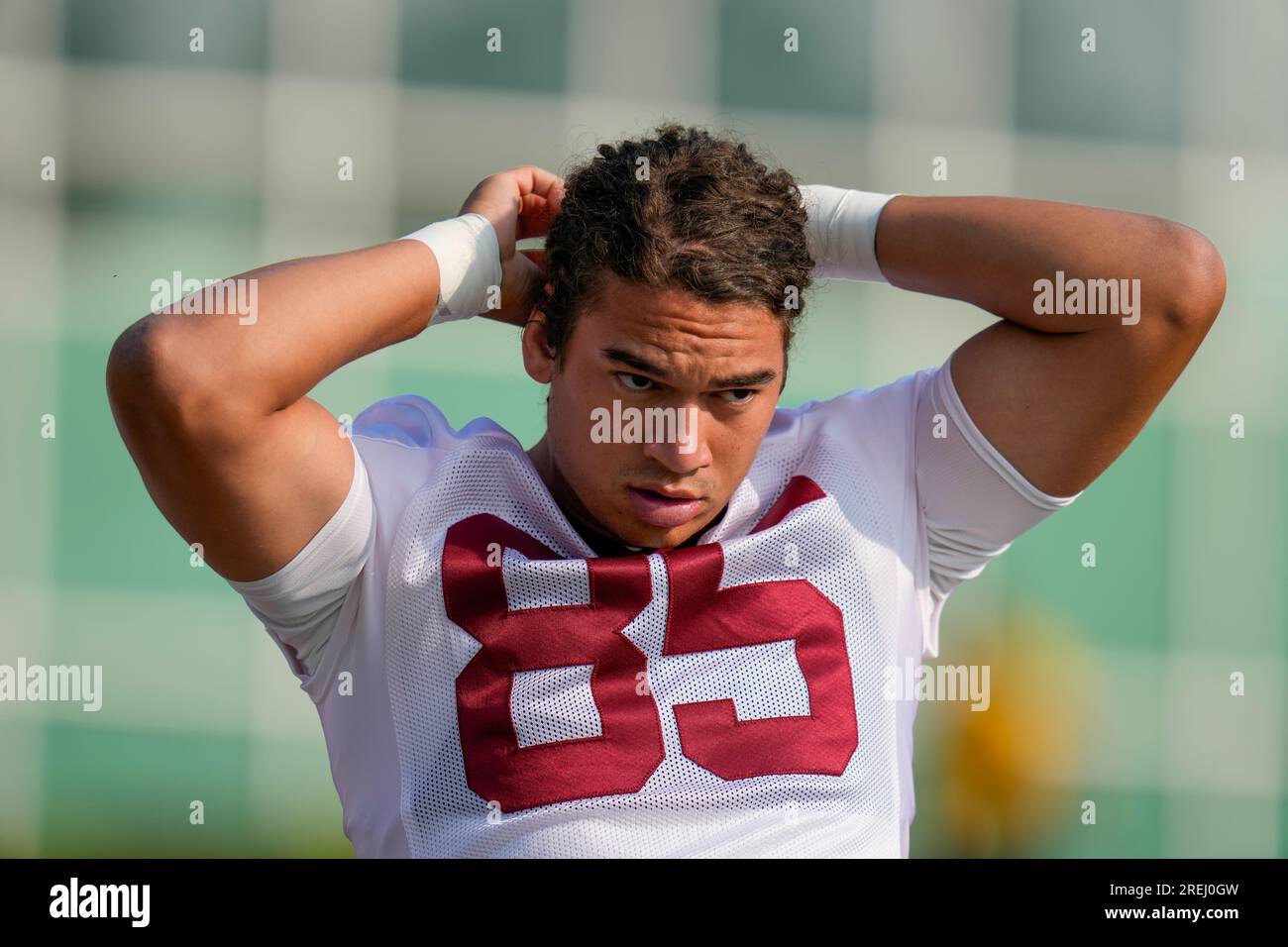 Washington Commanders tight end Cole Turner (85) arrives for a NFL ...