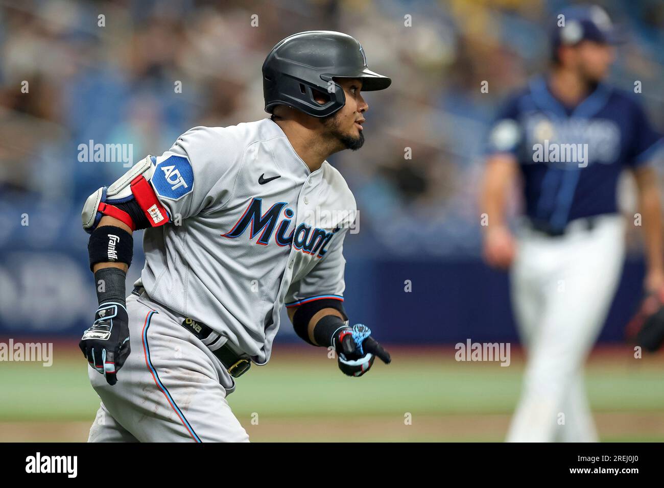 Miami Marlins' Luis Arraez watches his ground rule double off of Tampa ...