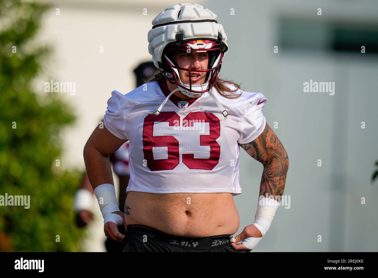 Washington Commanders center Nick Gates (63) arrives for a NFL football ...