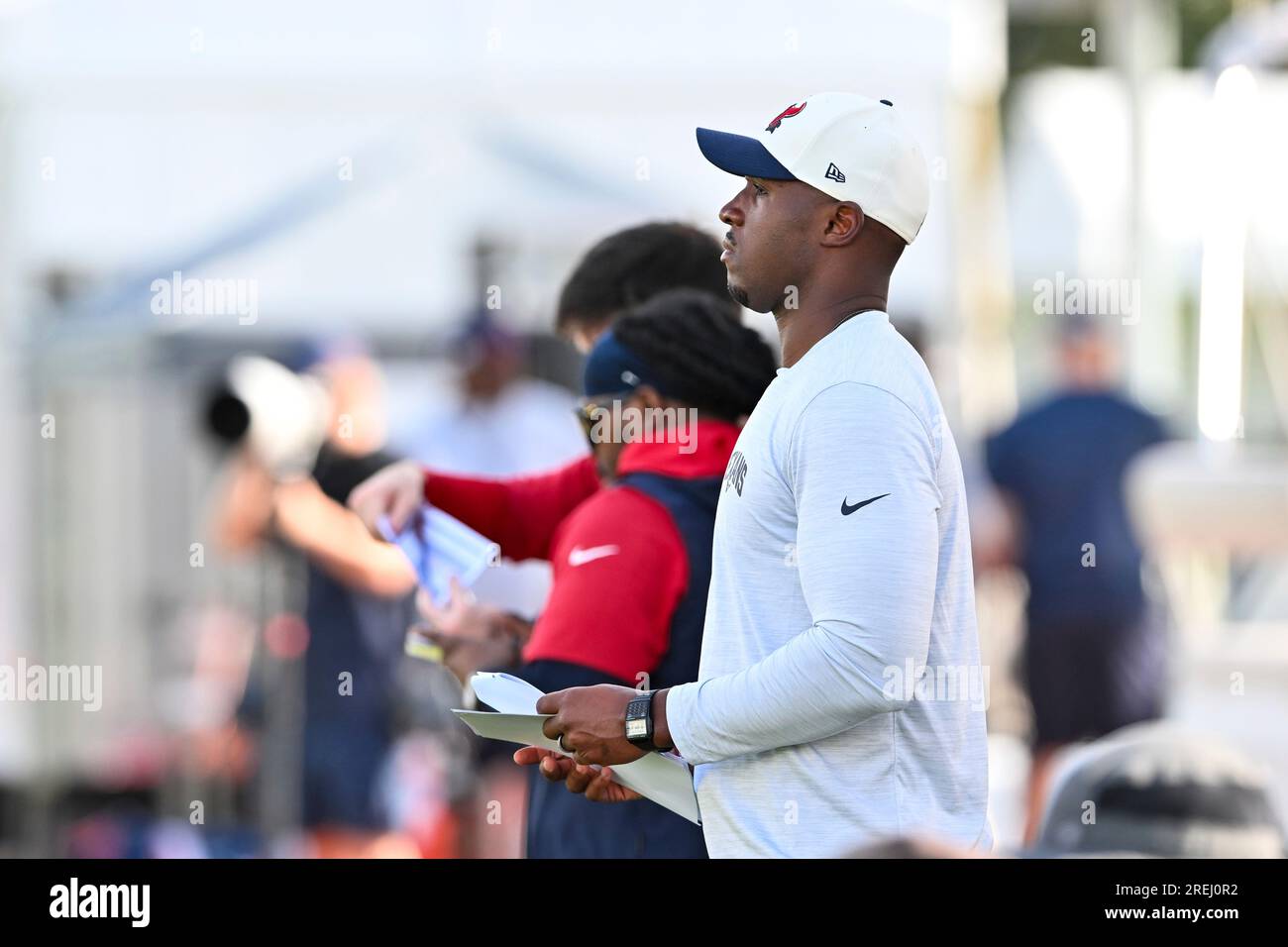 Houston Texans head coach DeMeco Ryans watches during the NFL football team's training camp at ...