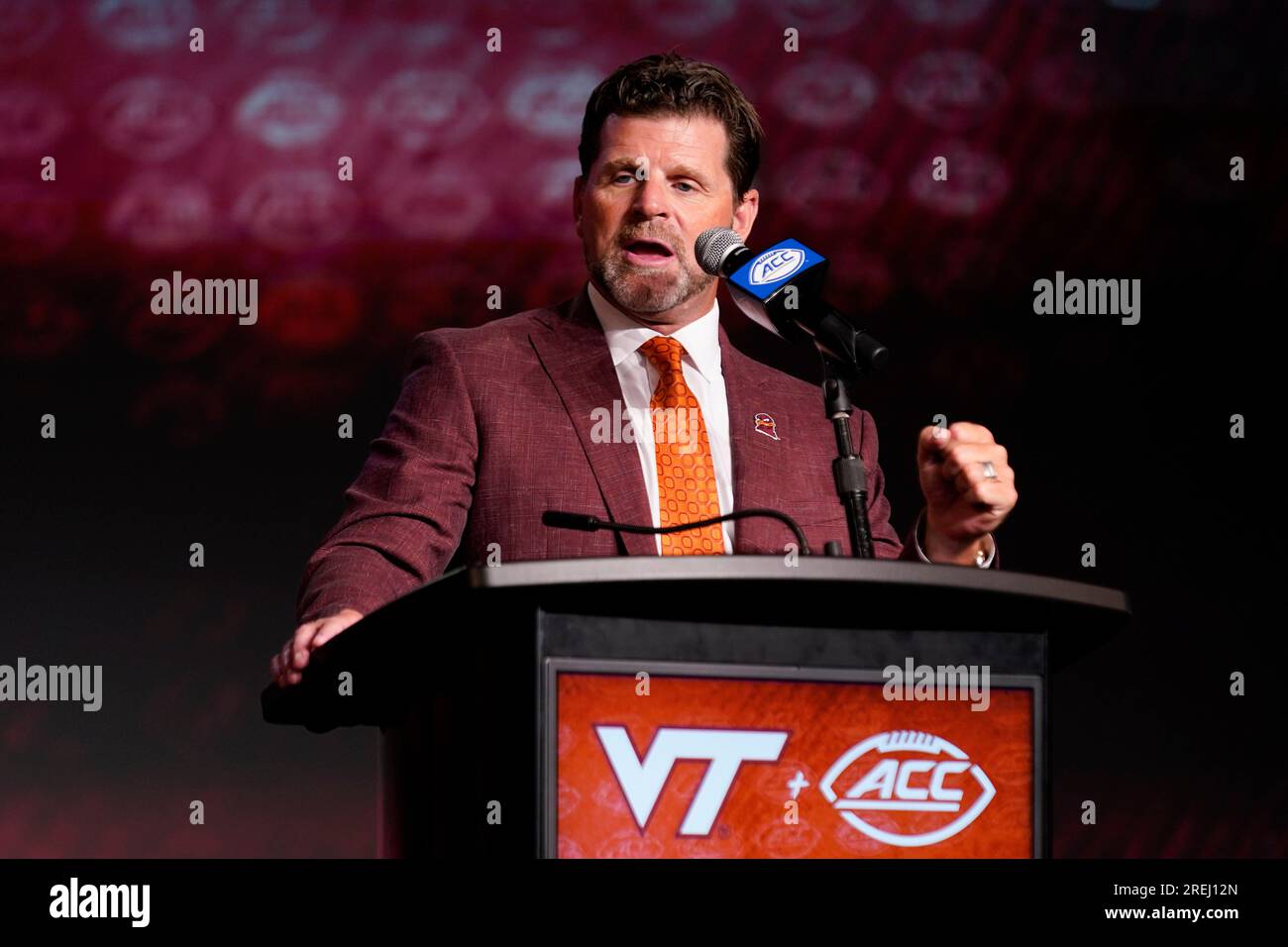 Virginia Tech head coach Brent Pry speaks during the Atlantic Coast ...