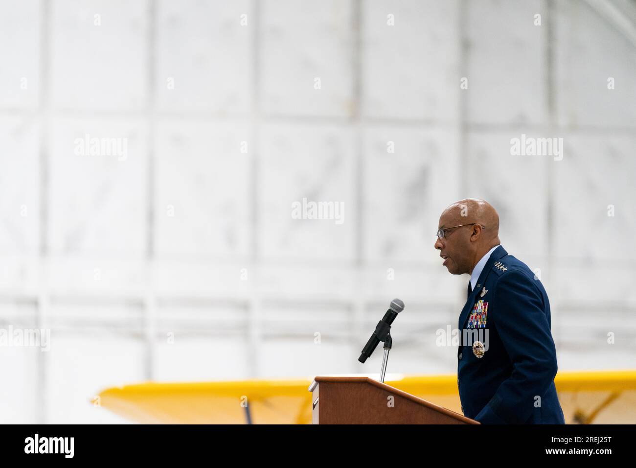 Air Force Chief of Staff Gen. C.Q. Brown speaks during a PT-17 aircraft ...