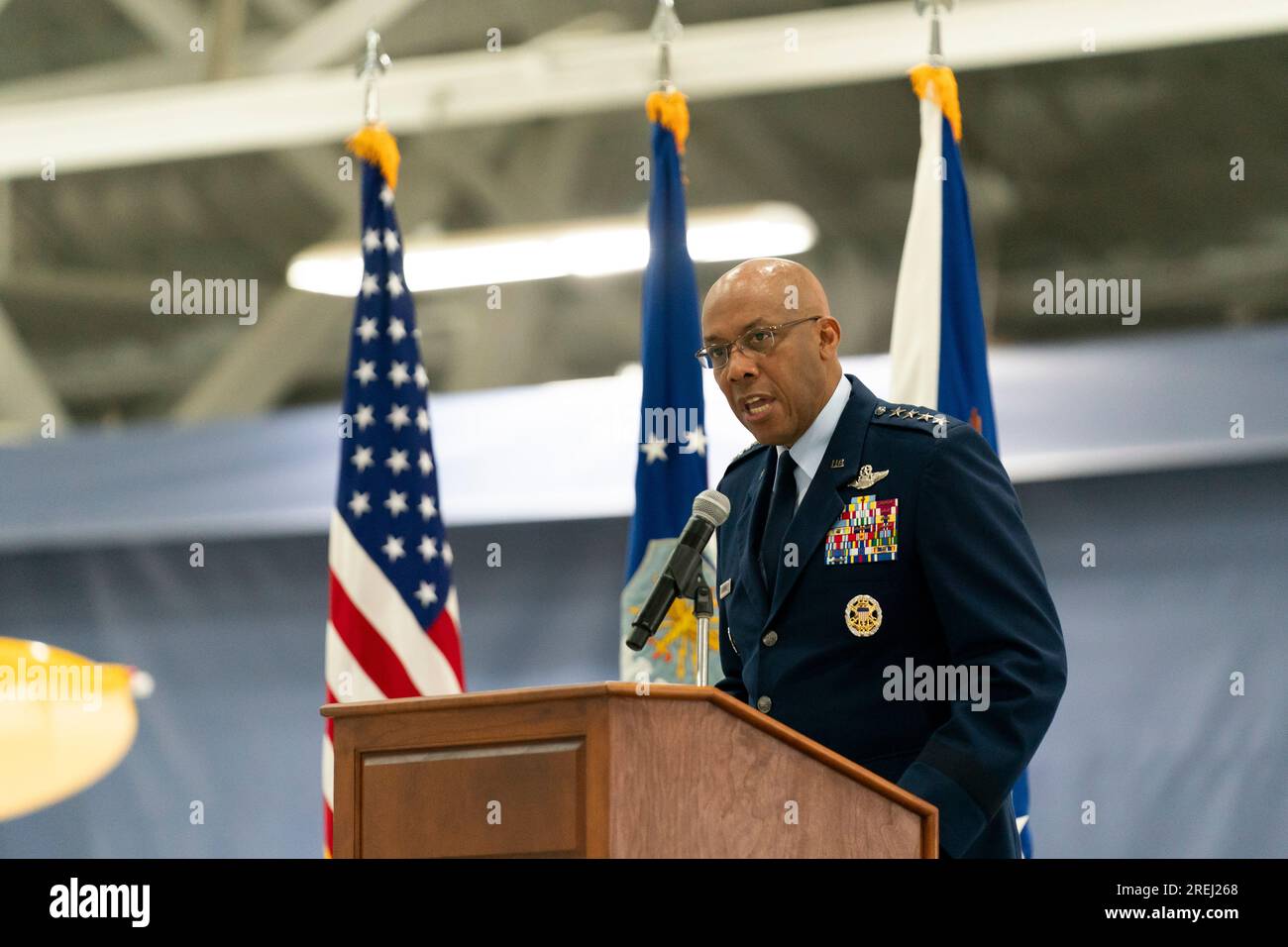 Air Force Chief of Staff Gen. C.Q. Brown speaks during a PT-17 aircraft ...