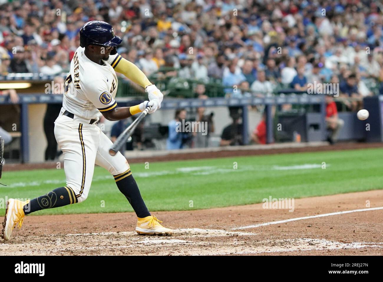 Milwaukee Brewers' Andruw Monasterio hits an RBI double during the ...