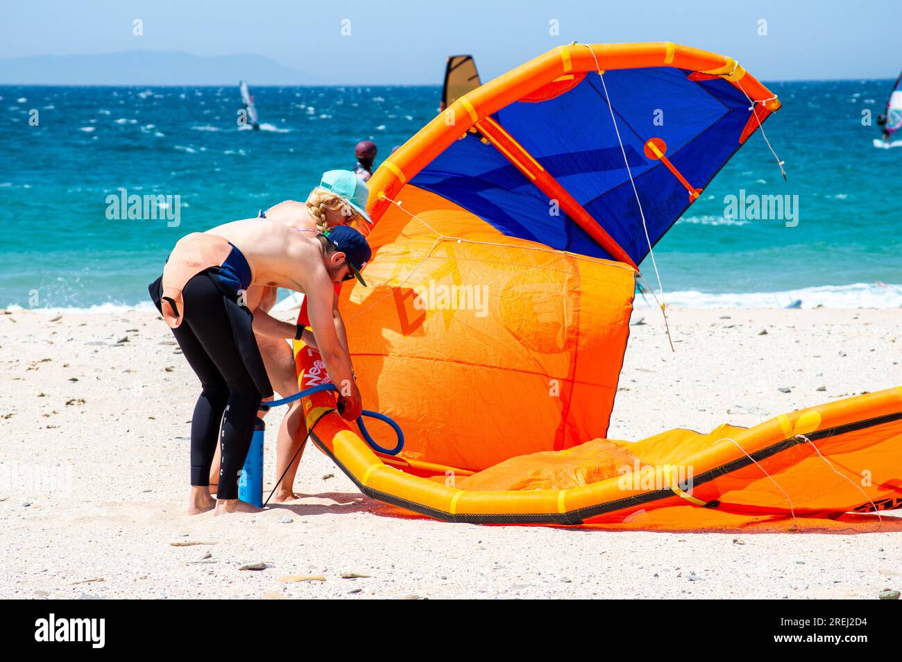 TARIFA, SPAIN - JUNE 17, 2023: Kitesurfing on Valdevaqueros beach ...