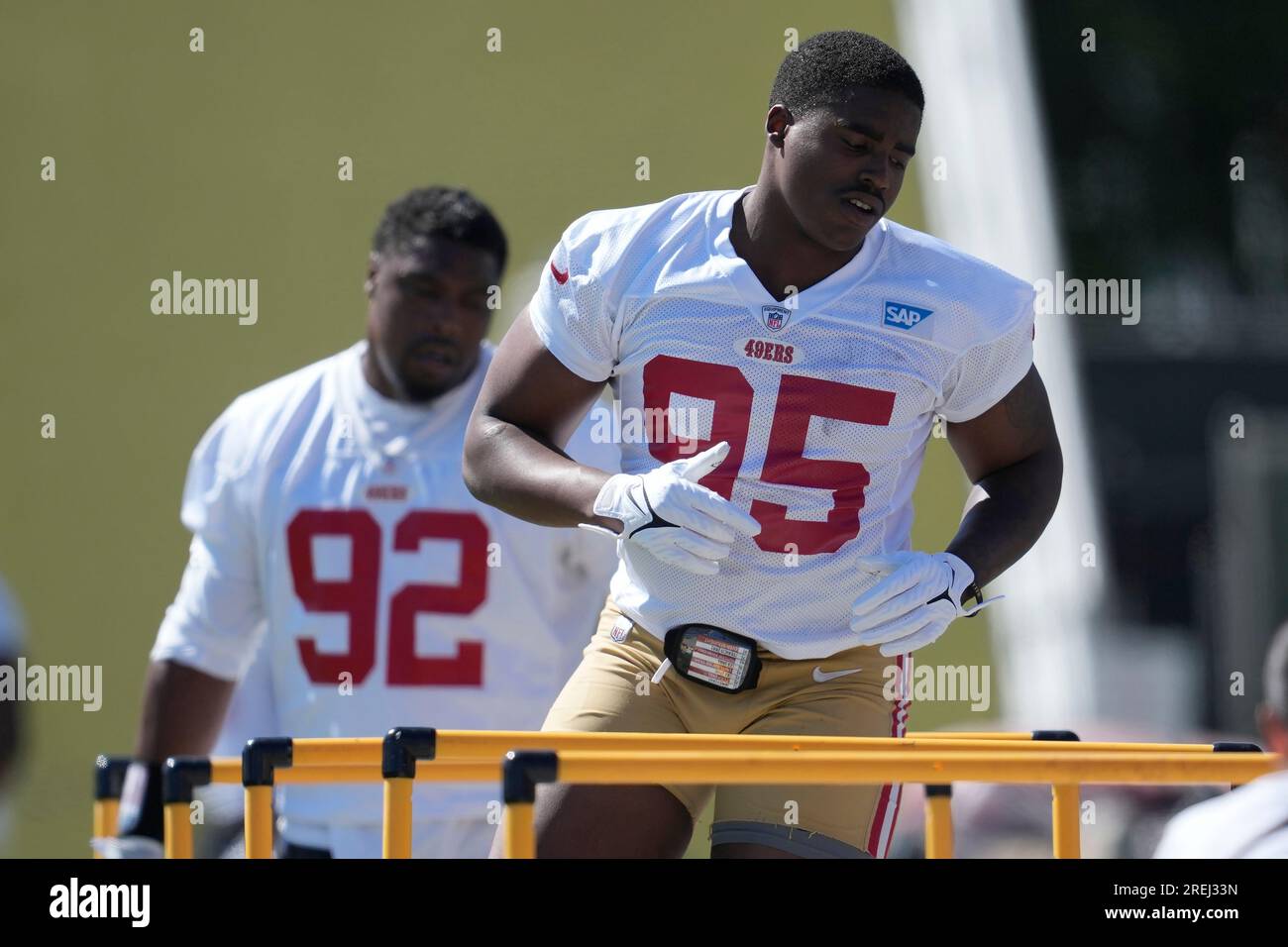 San Francisco 49ers' Kerry Hyder Jr., left, and Drake Jackson take part during the NFL team's ...