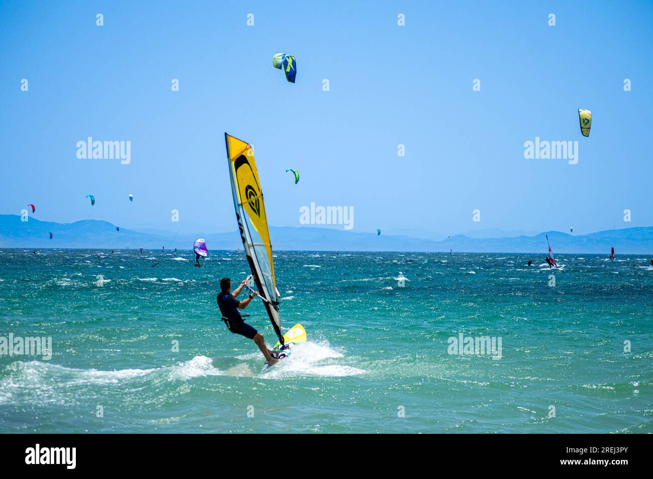 TARIFA, SPAIN - JUNE 17, 2023: Kitesurfing on Valdevaqueros beach ...