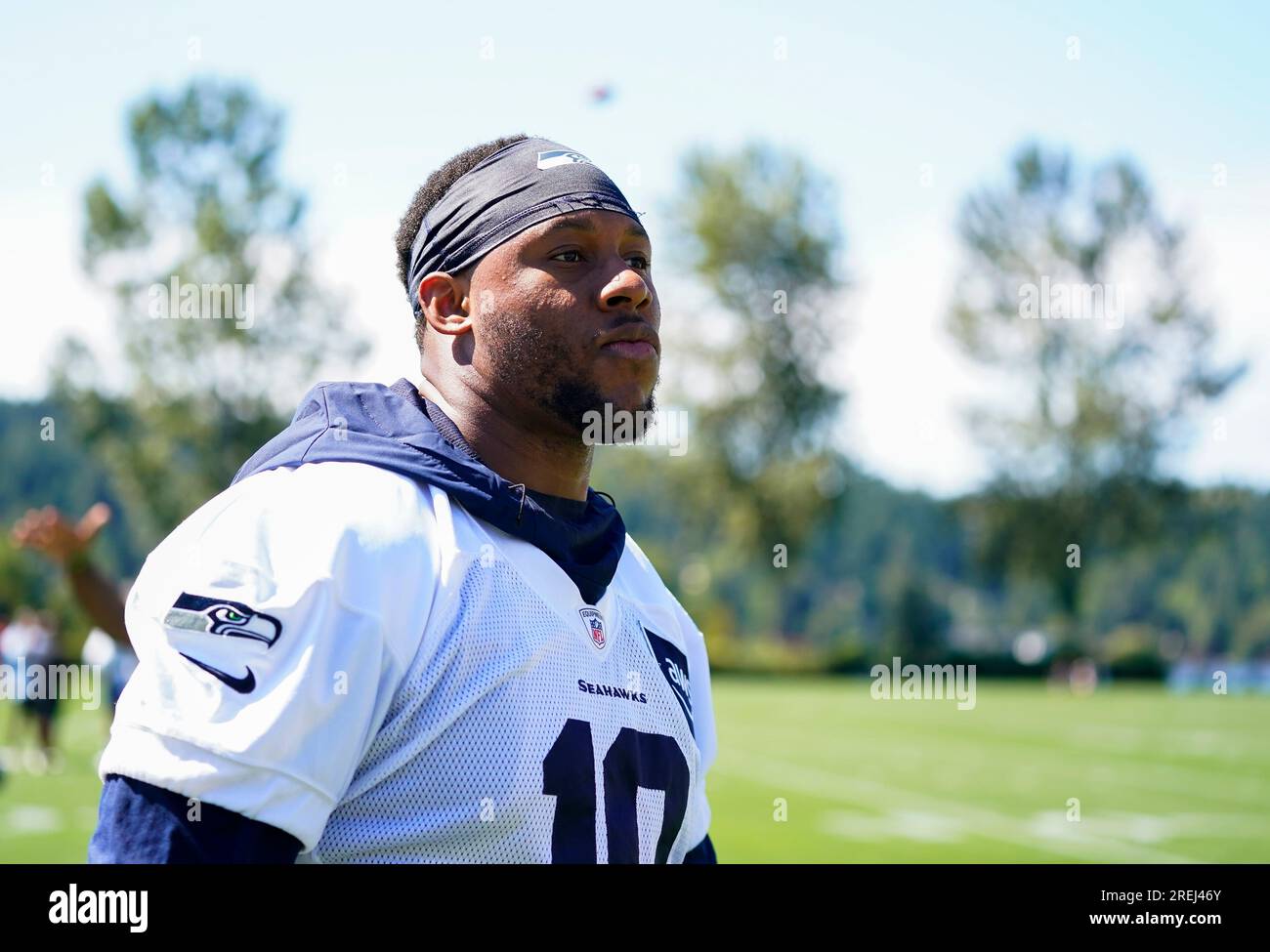 Seattle Seahawks linebacker Uchenna Nwosu walks on the field after the ...