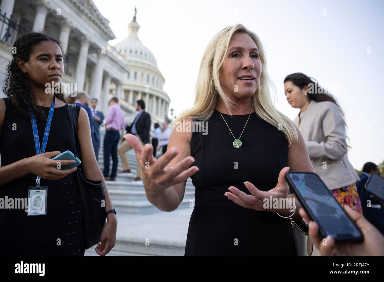 Rep. Marjorie Taylor Greene (R-Ga.) speaks with reporters outside the U ...