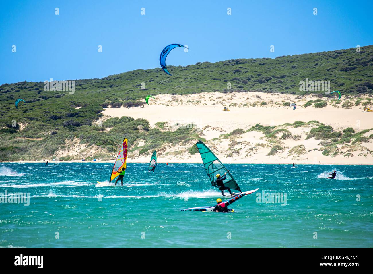 TARIFA, SPAIN - JUNE 17, 2023: Kitesurfing on Valdevaqueros beach ...