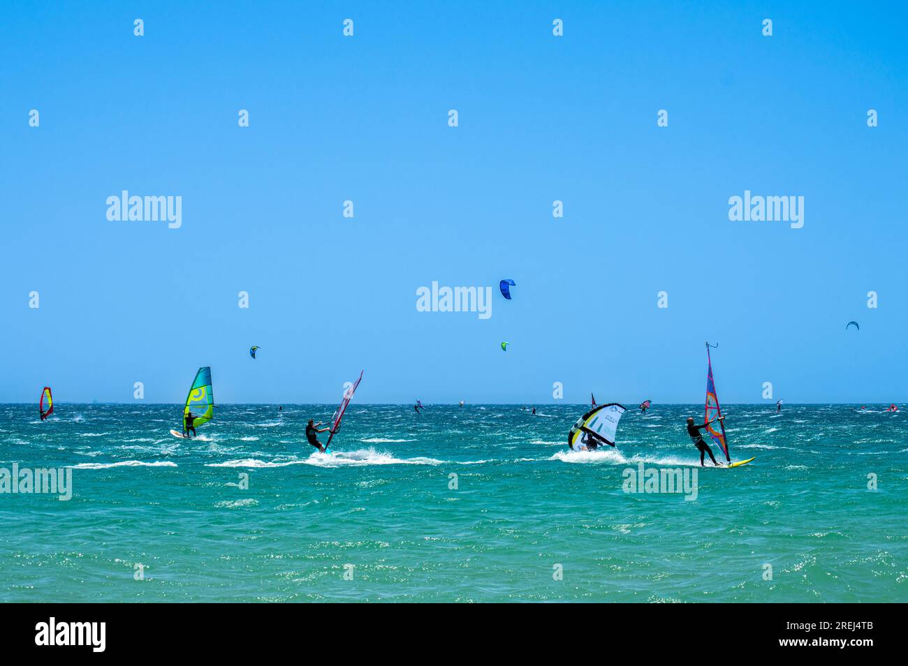 TARIFA, SPAIN - JUNE 17, 2023: Kitesurfing on Valdevaqueros beach ...
