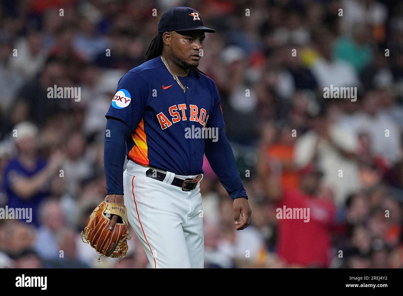 Houston Astros starting pitcher Framber Valdez walks around the mound after giving up a two-run ...