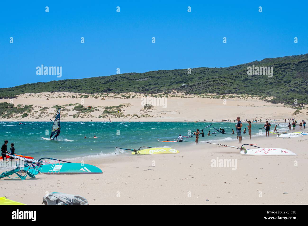 TARIFA, SPAIN - JUNE 17, 2023: Kitesurfing on Valdevaqueros beach ...