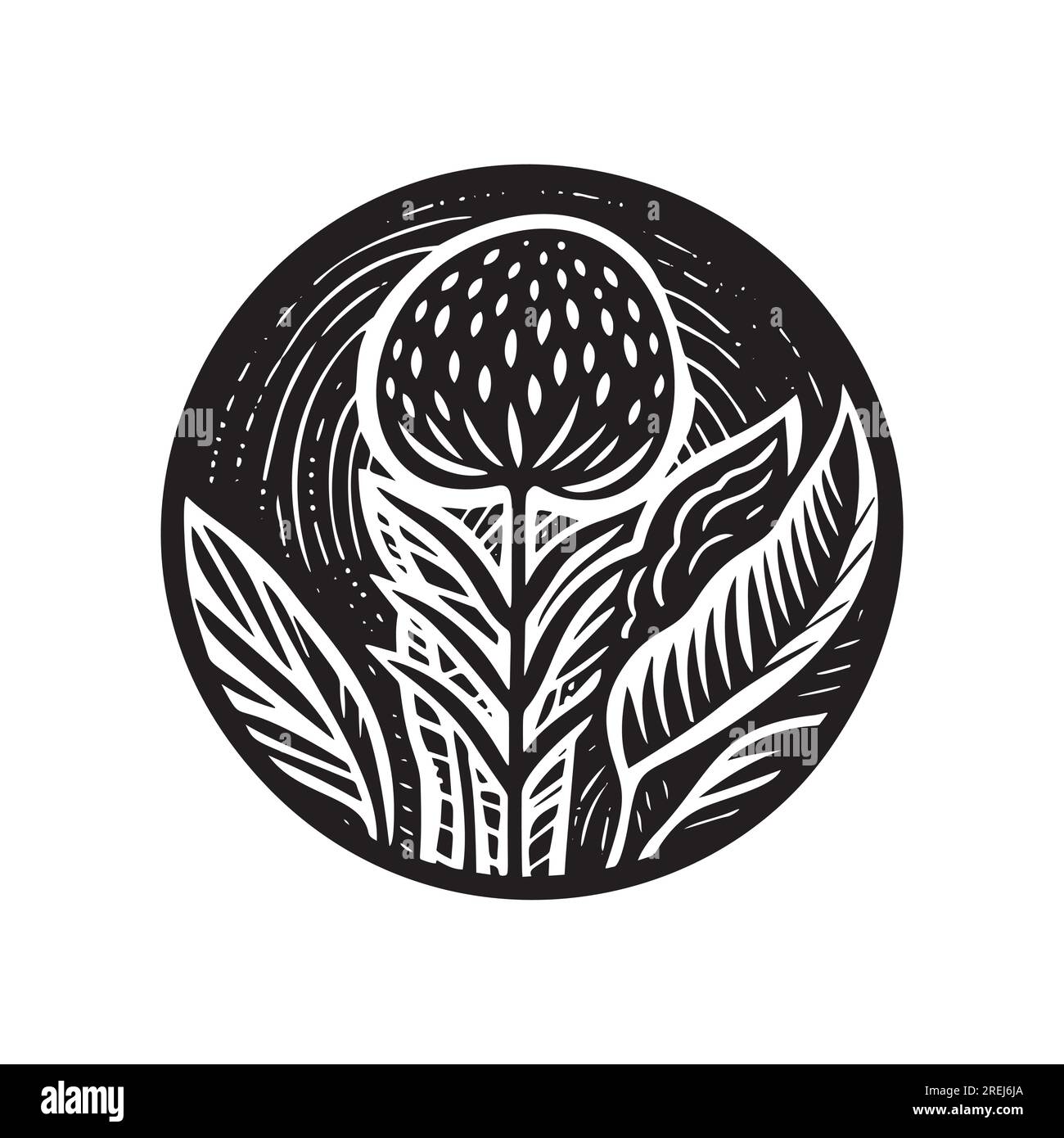 Nordic linocut floral in rustic circle motif for quirky print. Hand ...