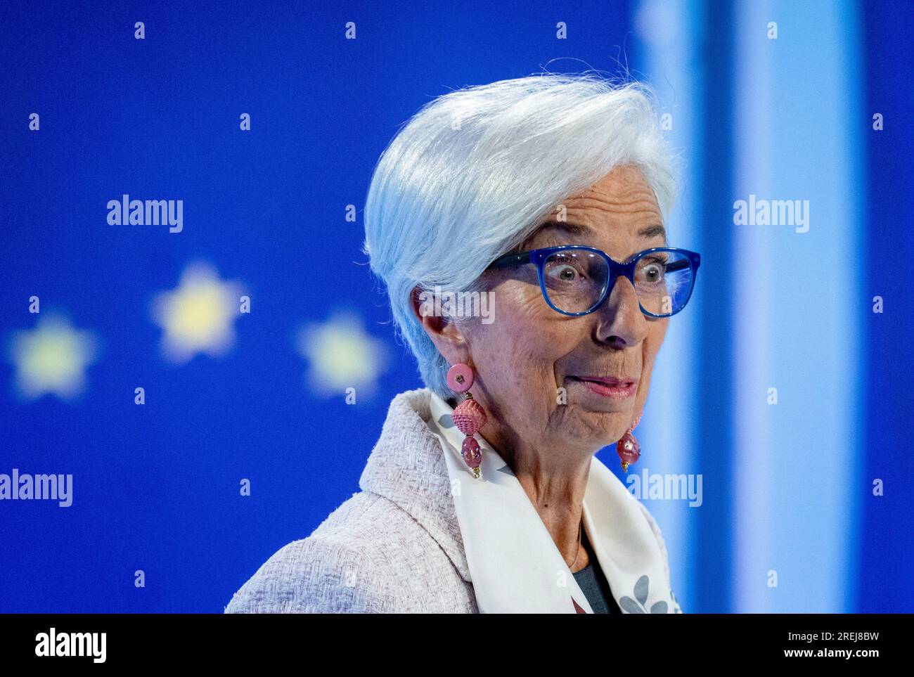 President of European Central Bank Christine Lagarde looks on, during a ...