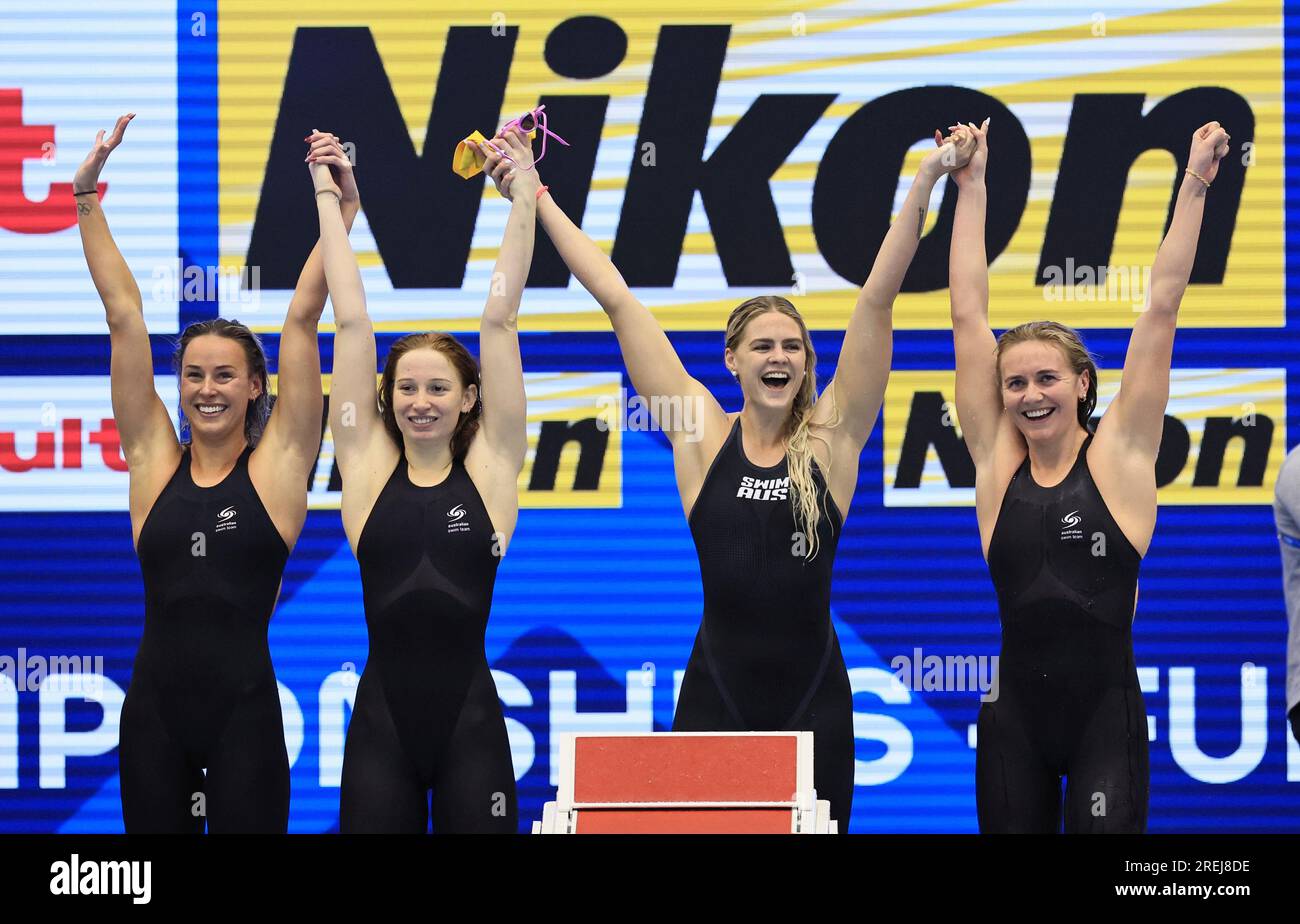 Members of Australia react during women's 4x200m freestyle relay final of World Aquatics ...