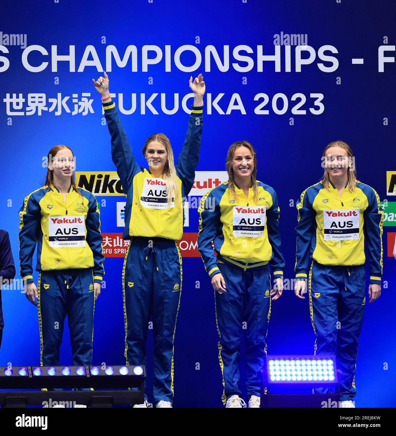 Members of Australia, winner, celebrate during an award ceremony of women's 4x200m freestyle ...