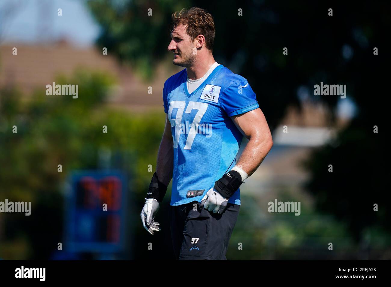 Los Angeles Chargers linebacker Joey Bosa (97) participates in drills ...