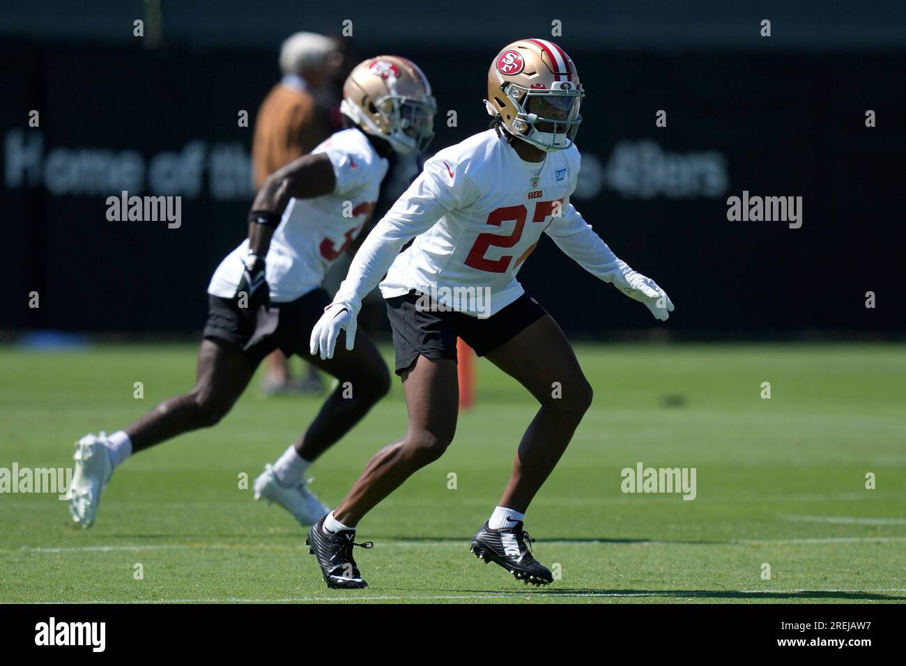 San Francisco 49ers' Ji'Ayir Brown (27) takes part in drills during the ...