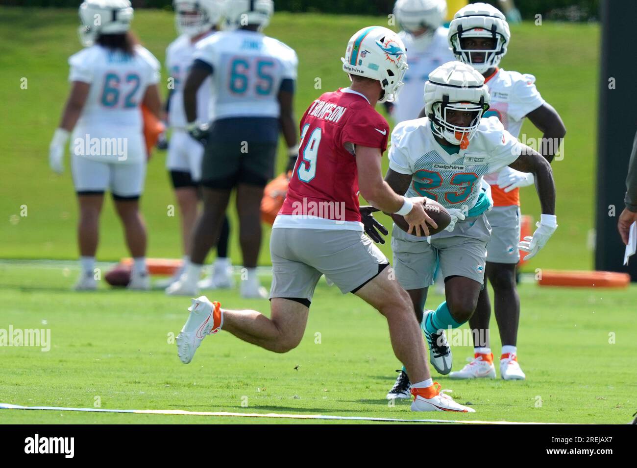 Miami Dolphins quarterback Skylar Thompson (19) hands off the football to running back Jeff ...