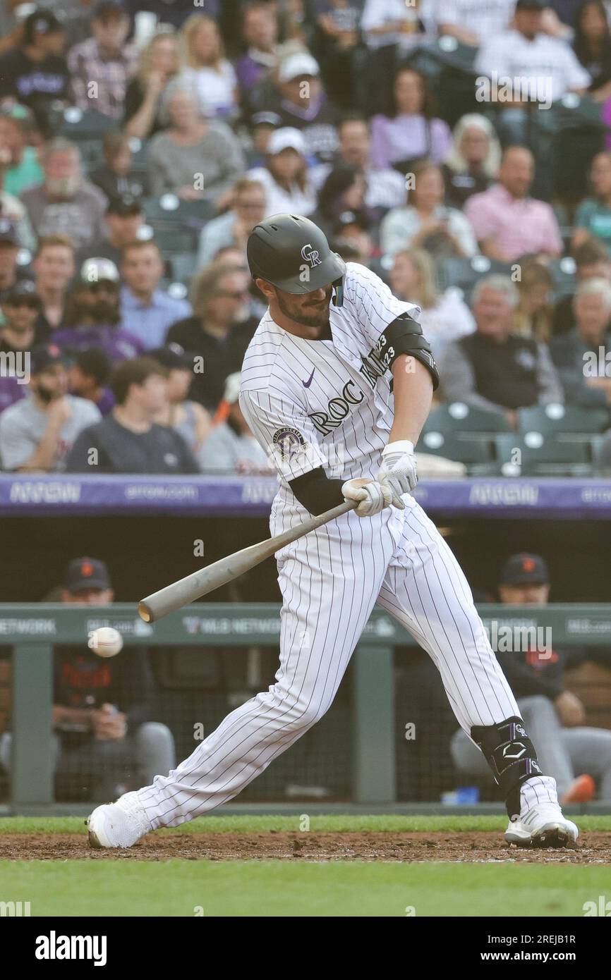 Colorado Rockies right fielder Kris Bryant (23), swings at the pitch in ...