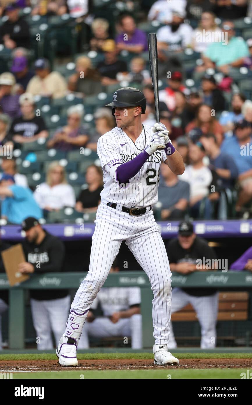 Colorado Rockies right fielder Nolan Jones (22) waits for the pitch in an MLB baseball game ...