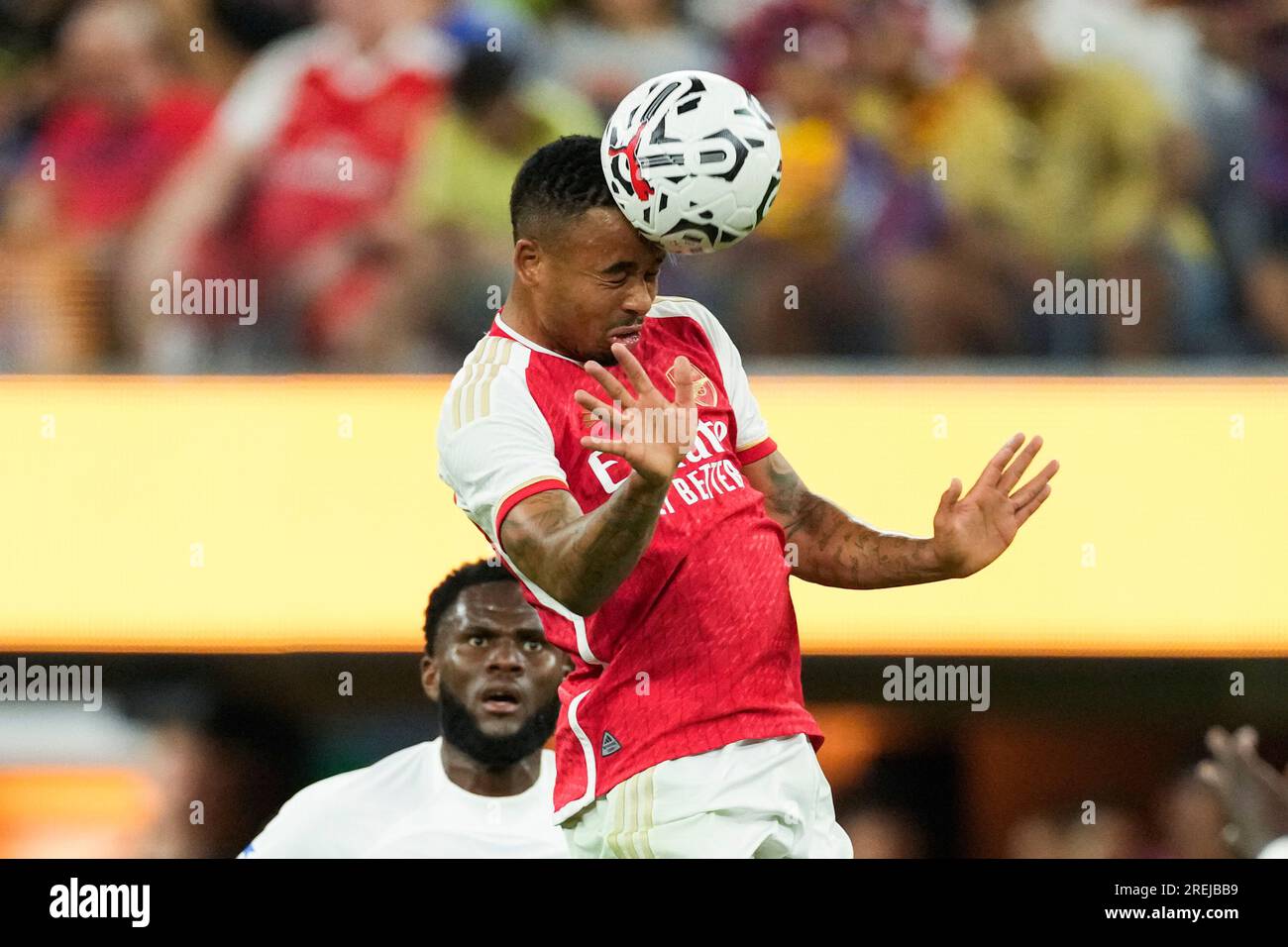 Arsenal FC forward Gabriel Jesus (9) heads the ball during the second ...