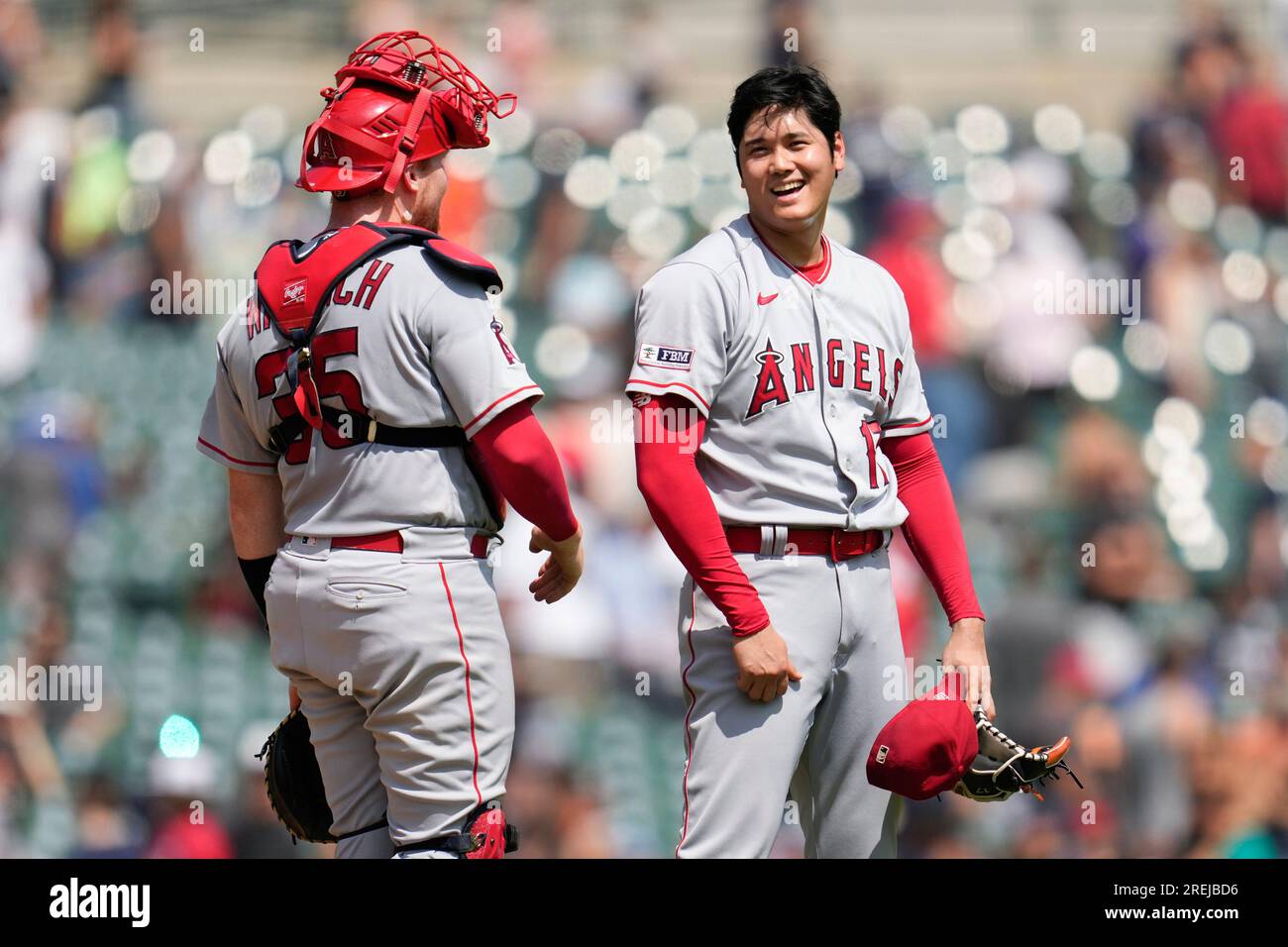 Los Angeles Angels pitcher Shohei Ohtani celebrates with catcher Chad ...