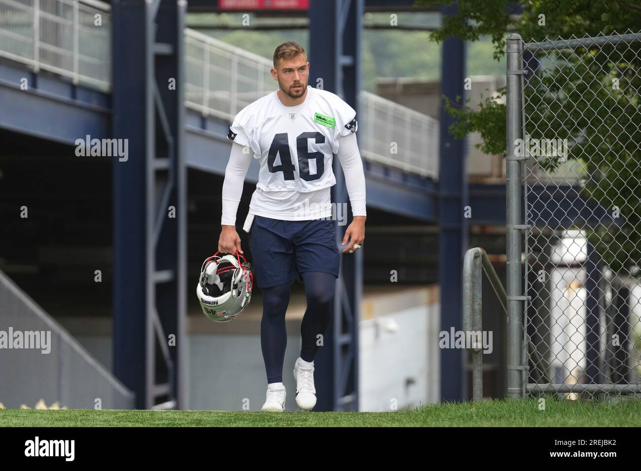 New England Patriots long snapper Tucker Addington (46) steps on the ...