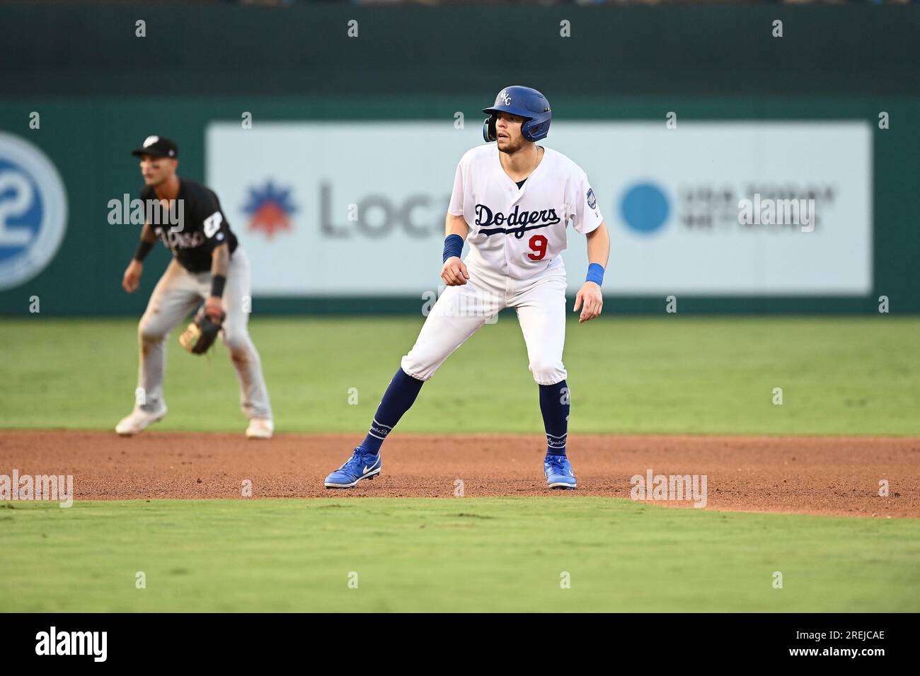 Hunter Feduccia (9) of the Oklahoma City Dodgers leads off second base ...