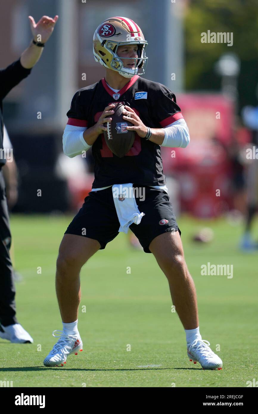 San Francisco 49ers quarterback Brock Purdy passes during the NFL team ...