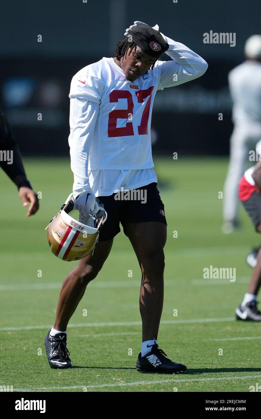 San Francisco 49ers' Ji'Ayir Brown takes part in drills during the NFL ...