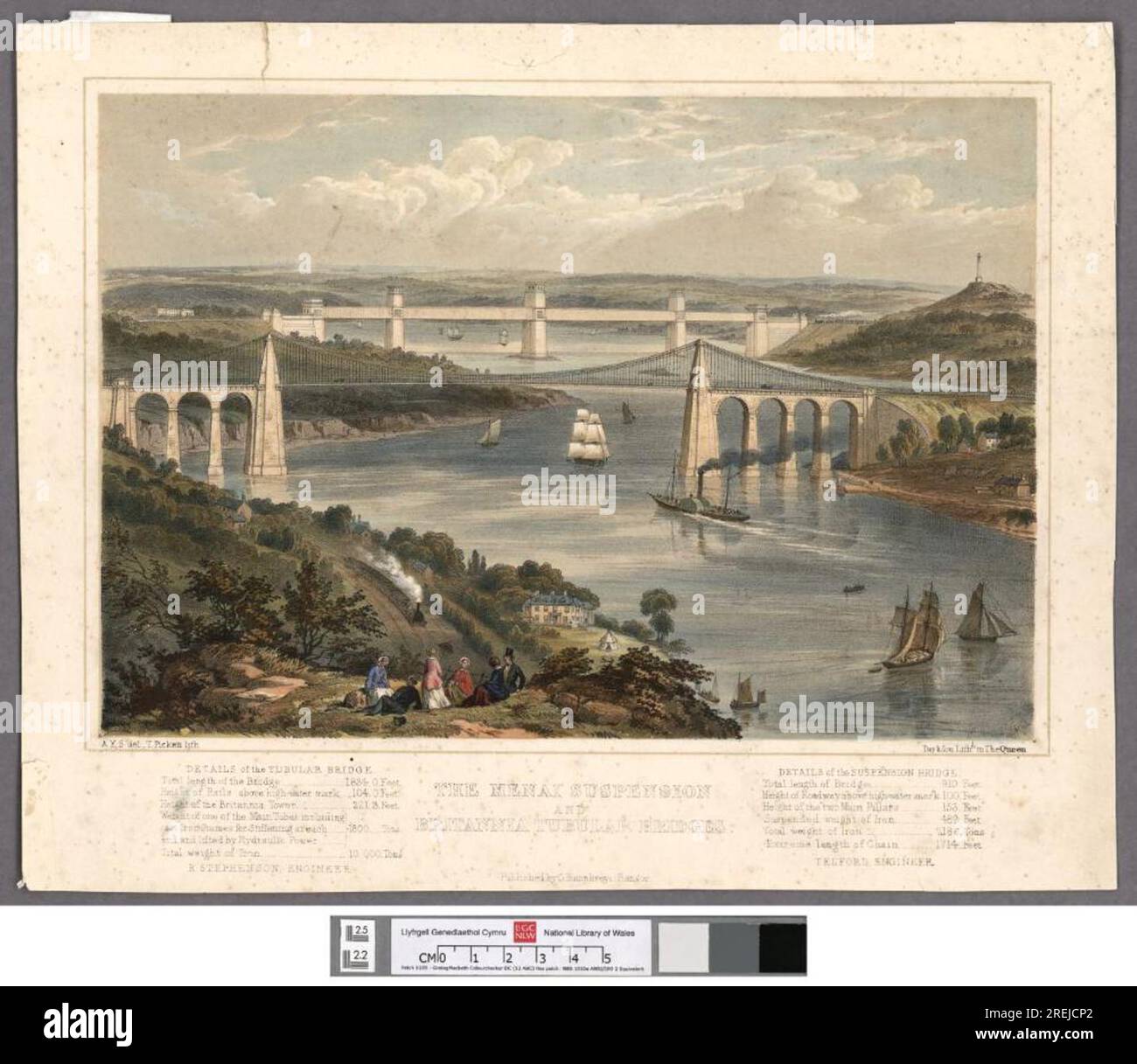The Menai suspension and Britannia tubular bridges circa 1850 by Thomas ...