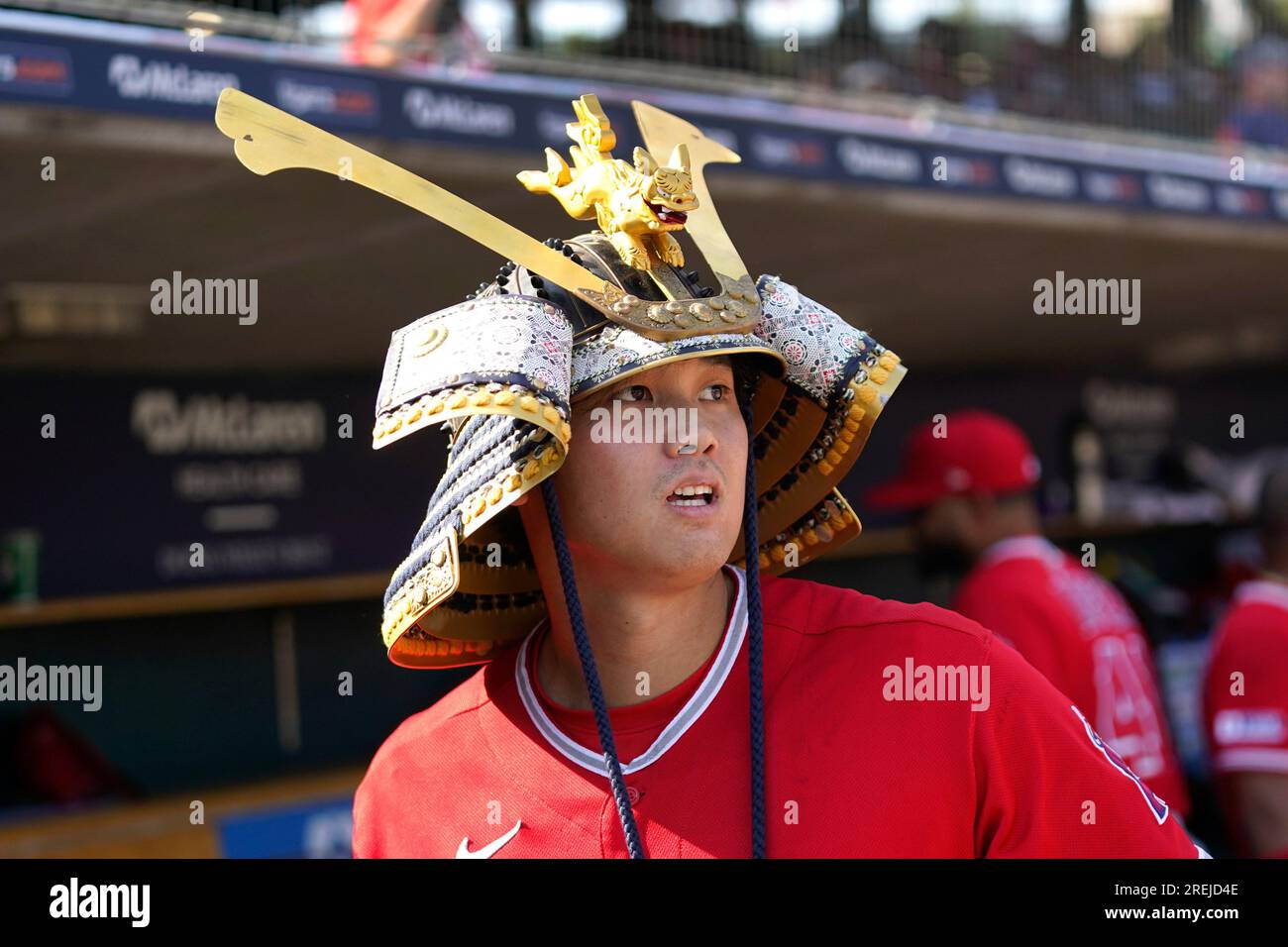 Los Angeles Angels' Shohei Ohtani celebrates wearing a Kabuto samurai ...