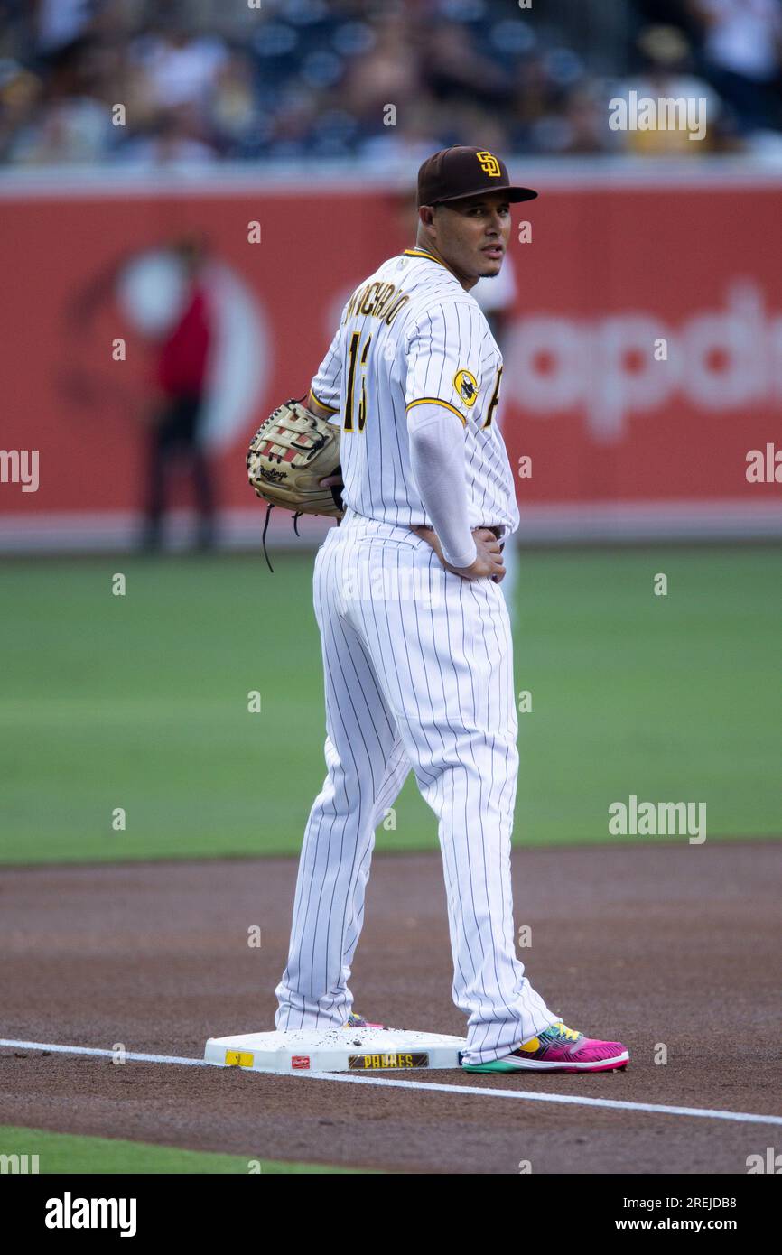 San Diego Padres' Manny Machado stands at third base prior to a ...