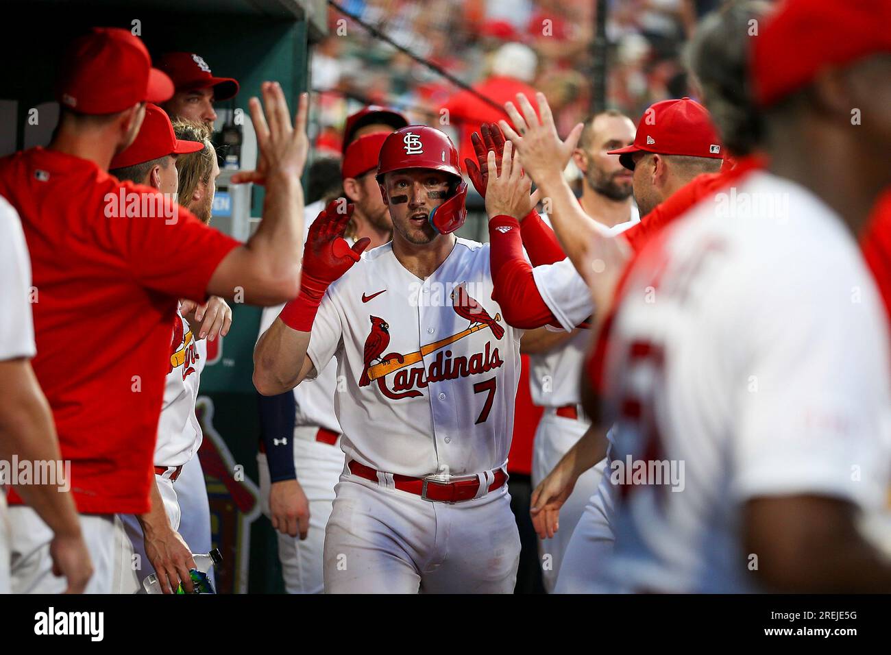 St. Louis Cardinals' Andrew Knizner is congratulated after his solo ...